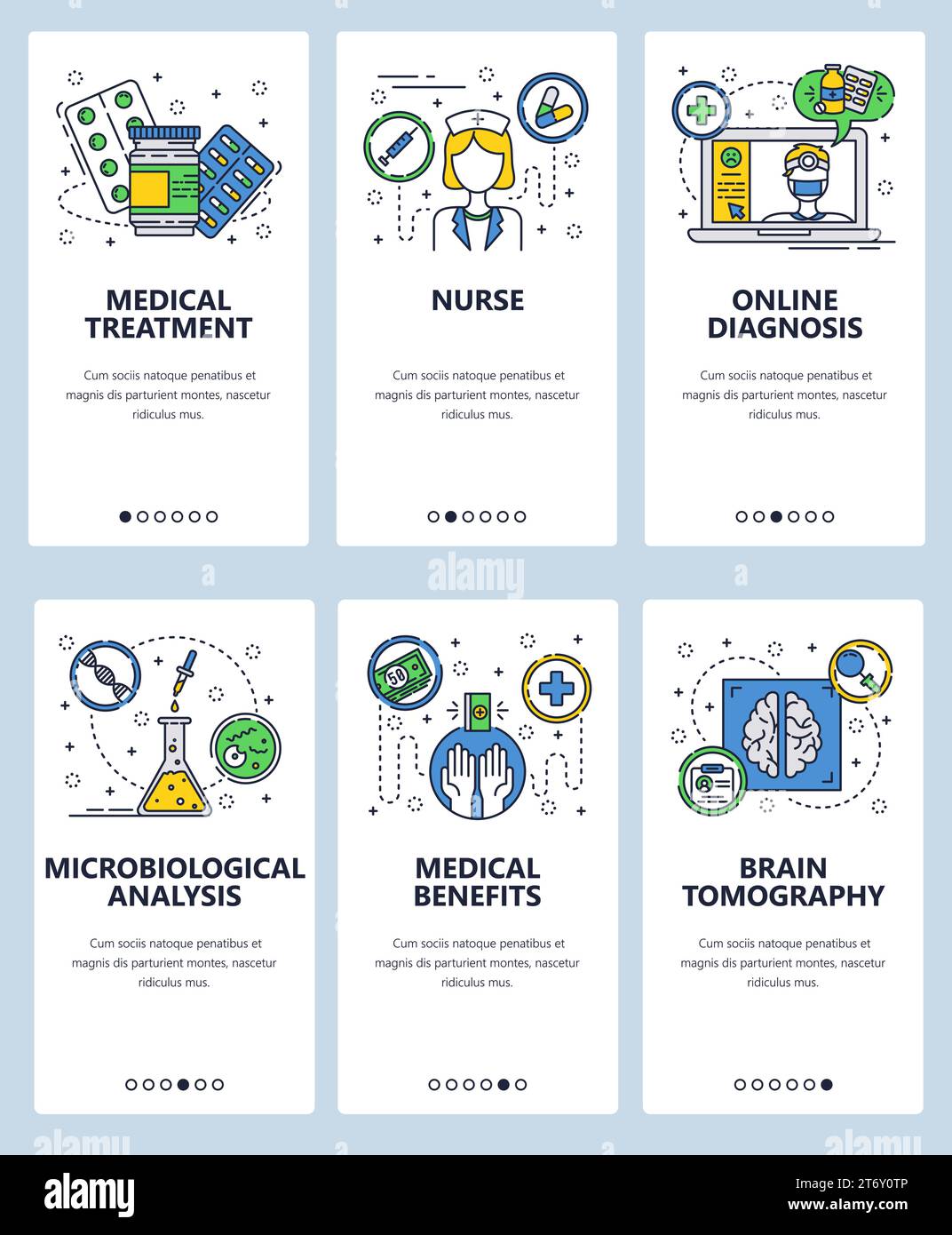 Vector set of mobile app onboarding screens. Medical treatment and ...