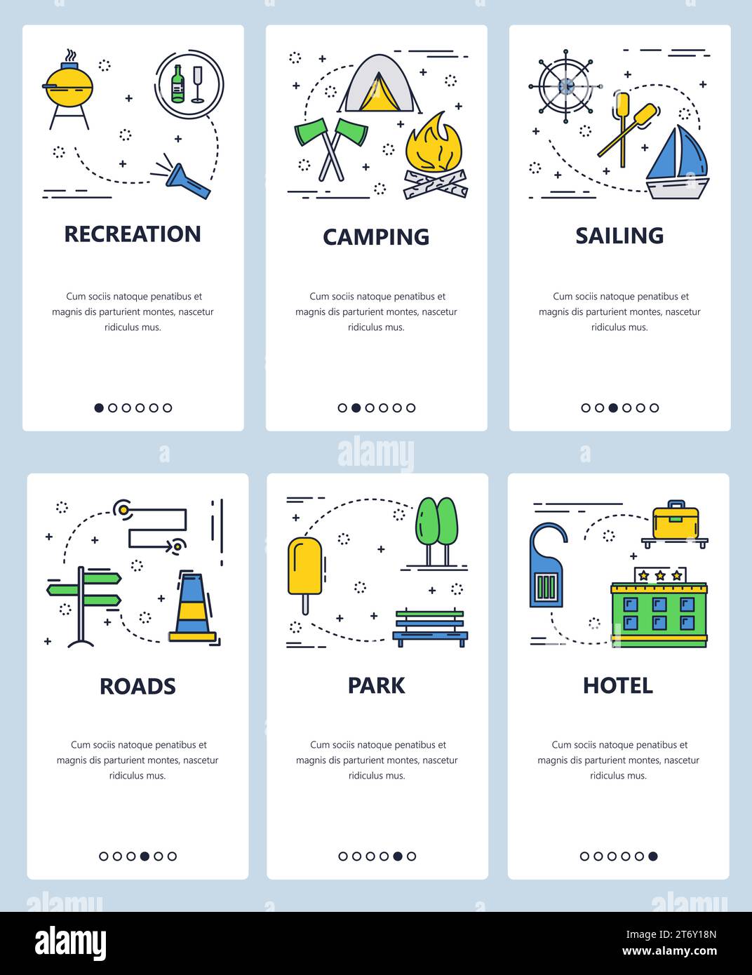 Vector Set Of Mobile App Onboarding Screens Recreation Camping Sailing Roads Park Hotel