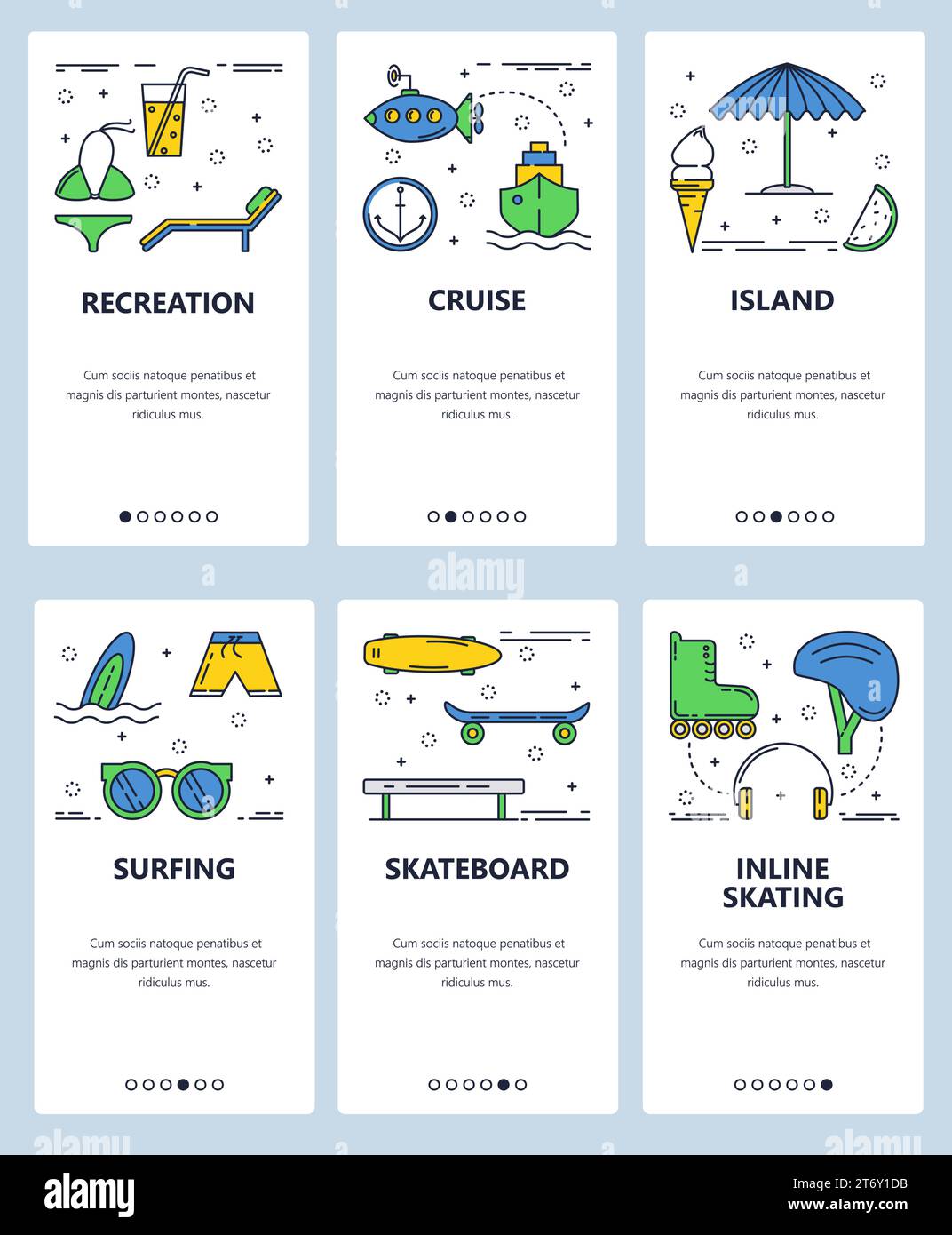 Vector set of mobile app onboarding screens. Recreation, Cruise, Island ...