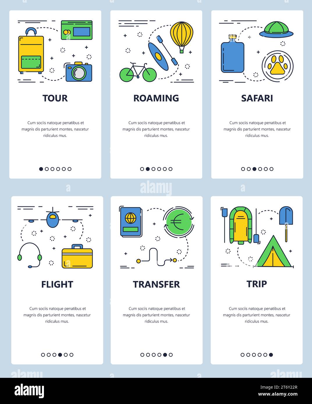 Vector set of mobile app onboarding screens. Tour, Roaming, Safari ...