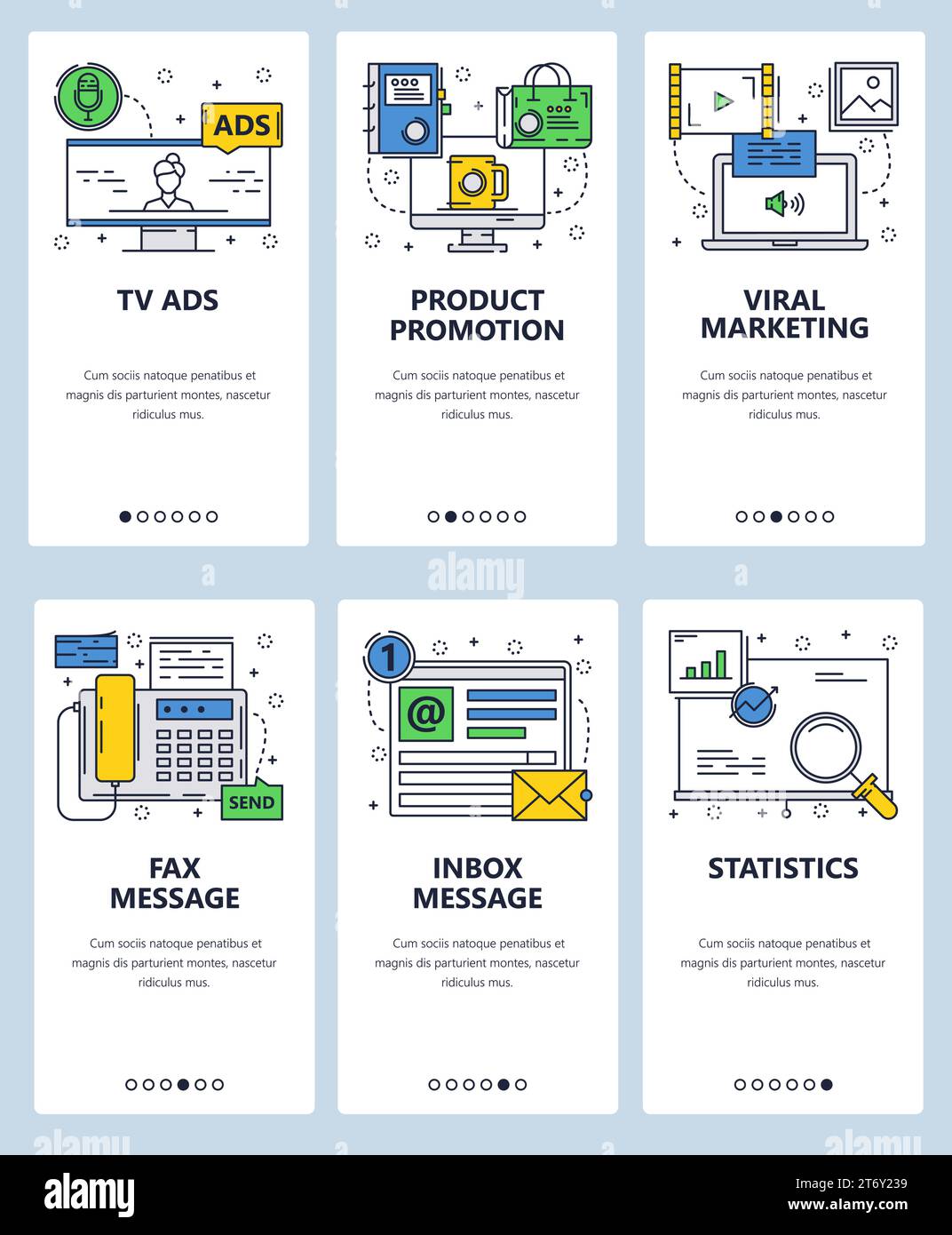 Vector set of mobile app onboarding screens. TV ads, Product promotion, Viral marketing, Fax and ...