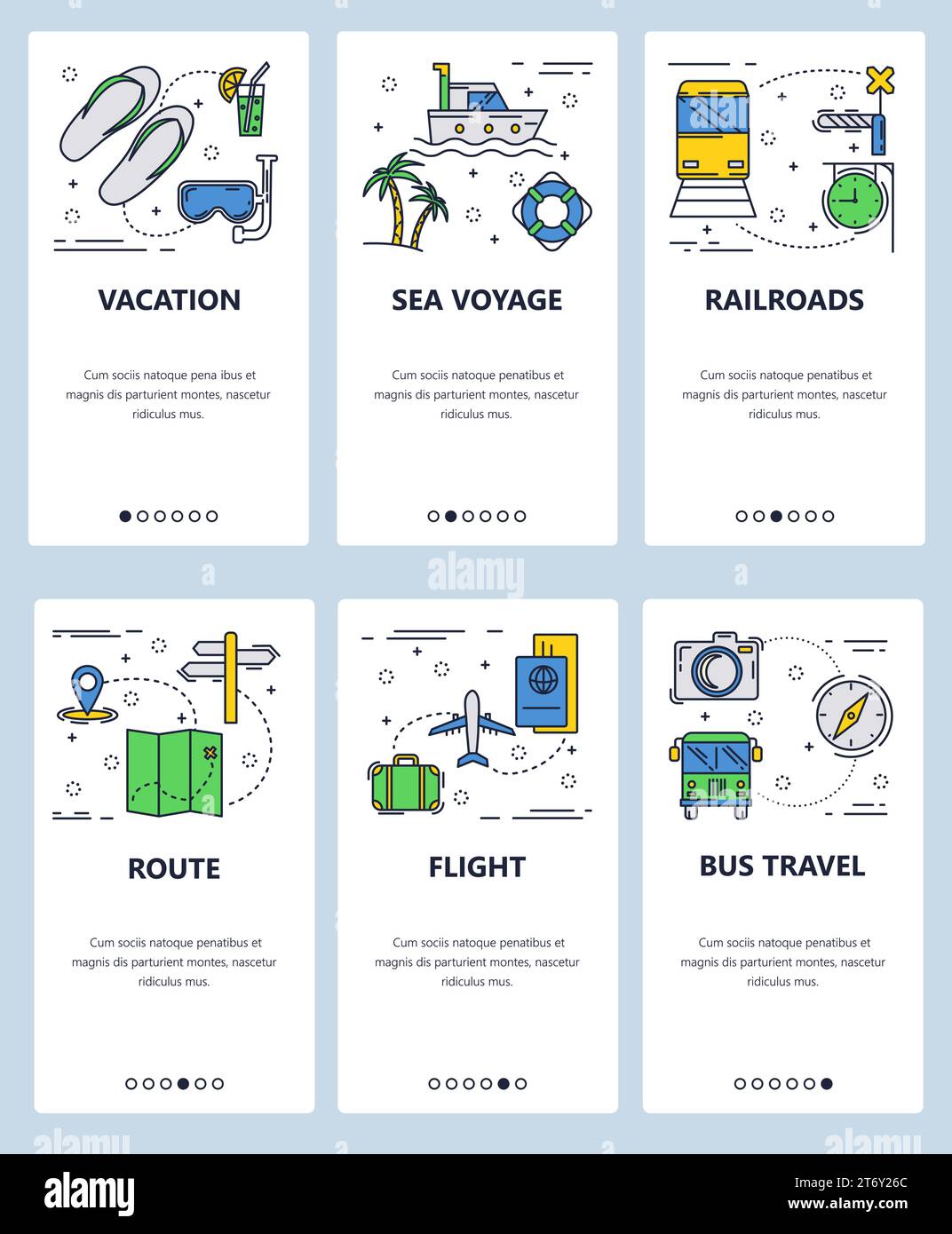 Vector set of mobile app onboarding screens. Vacation, Sea voyage ...