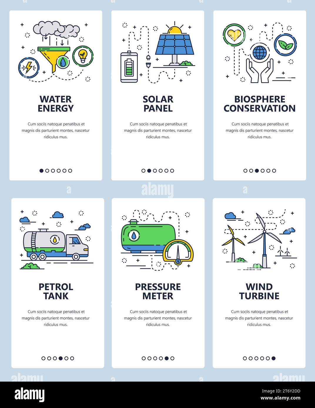 Vector set of mobile app onboarding screens. Water energy, Solar panel ...