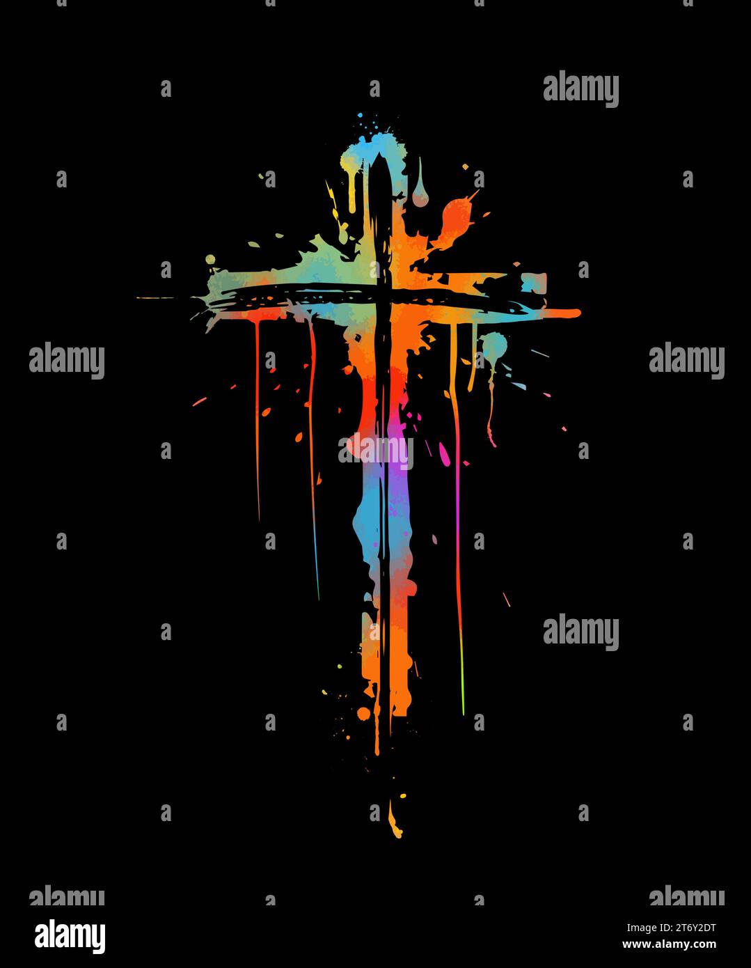 colored cross made of blots on a black background. Happy easter. hand ...