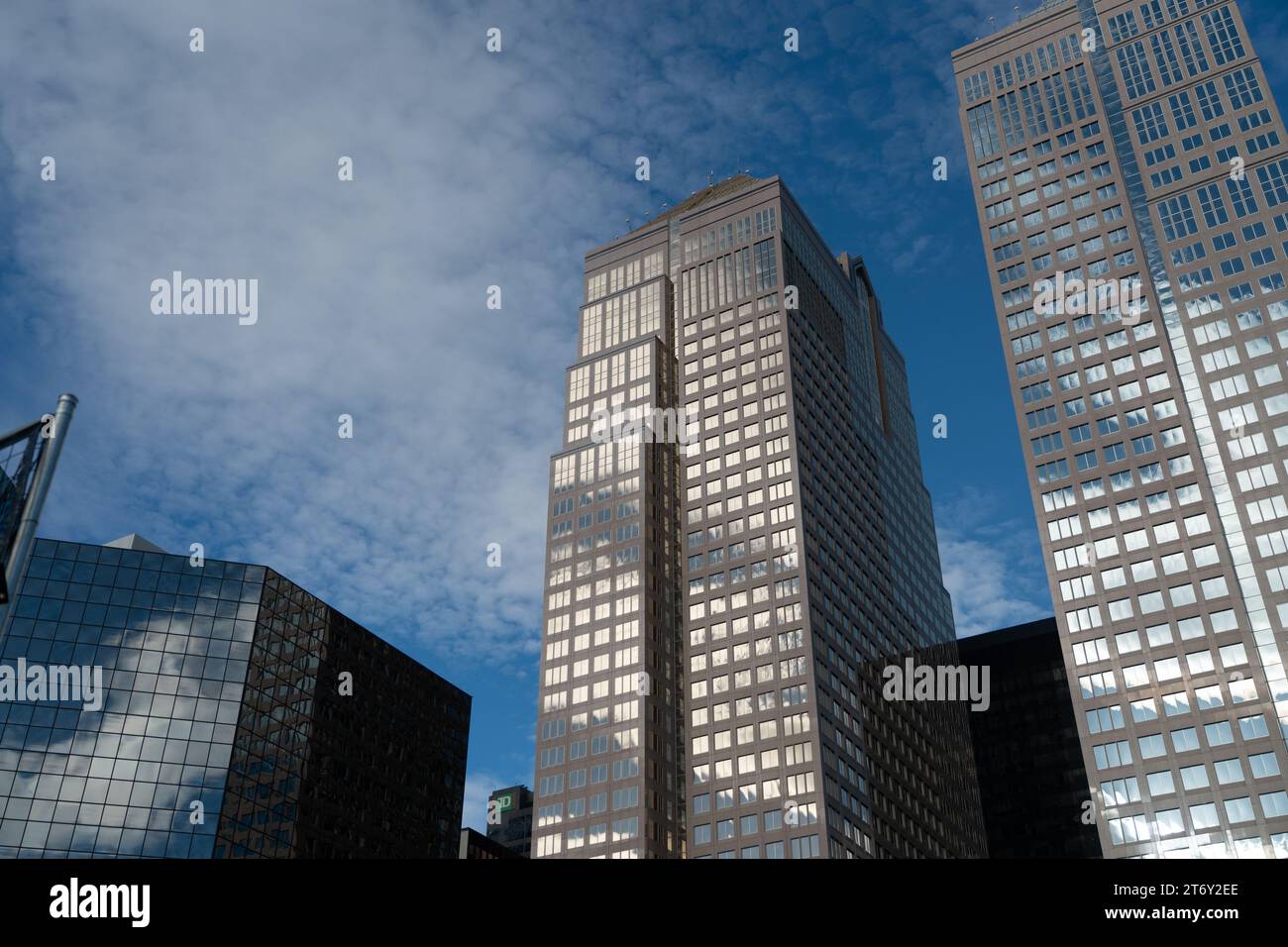 An aerial view of a city skyline featuring modern skyscrapers under the ...