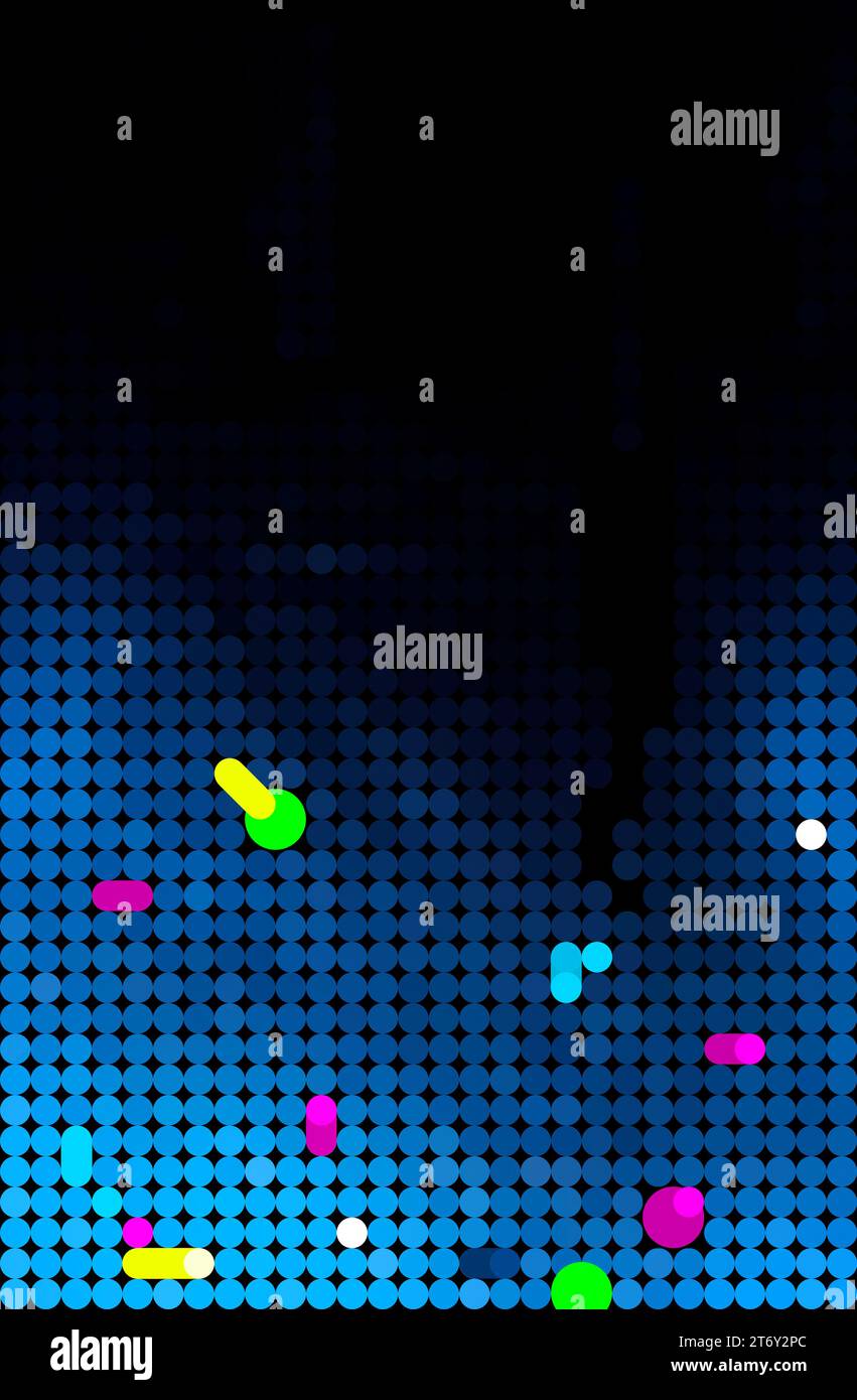 Abstract dotted blue halftone pattern with colorful shapes and fading ...