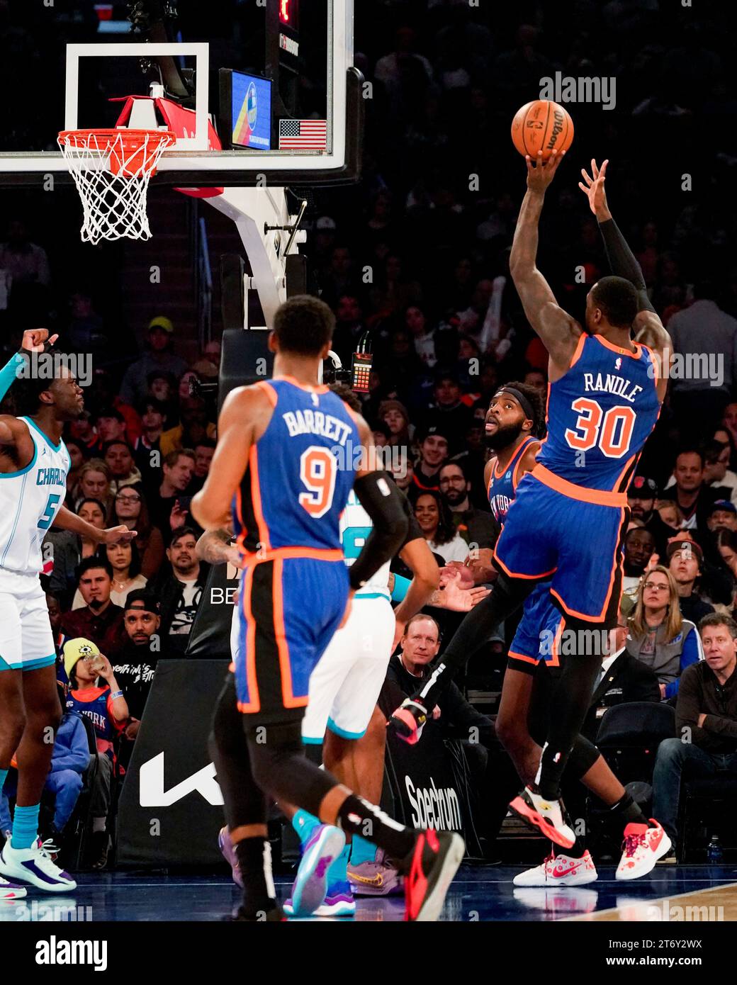 New York Knicks forward Julius Randle (30) shoots the ball during the second half of an NBA ...
