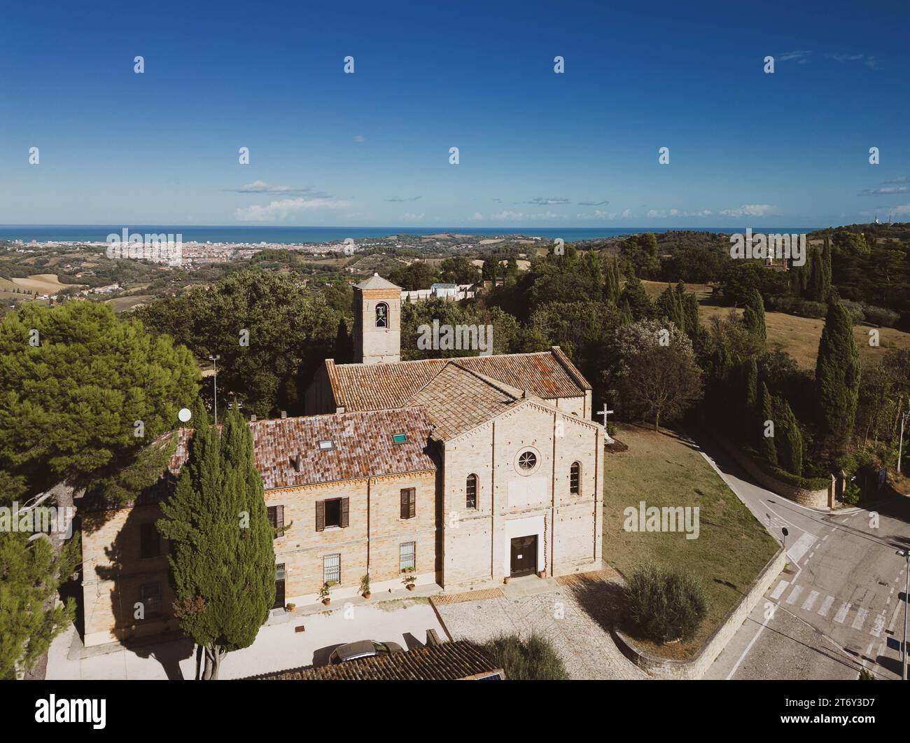 An aerial view of the village of Candelara in the province of Pesaro ...