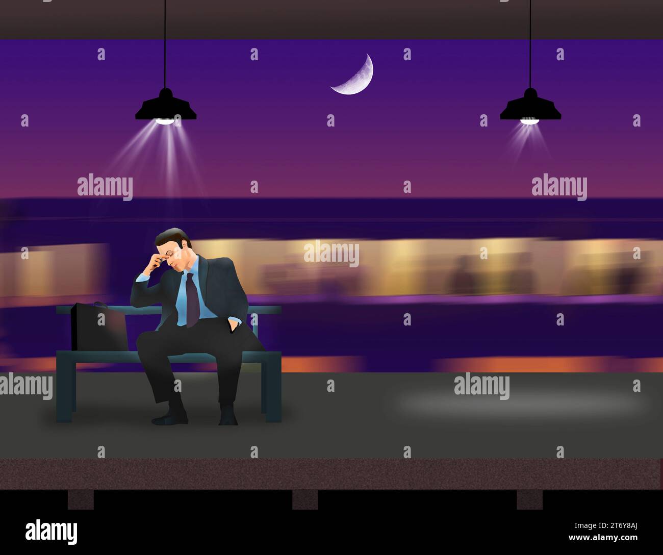 A tired train or subway commuter looks exhausted after a long day as he ...