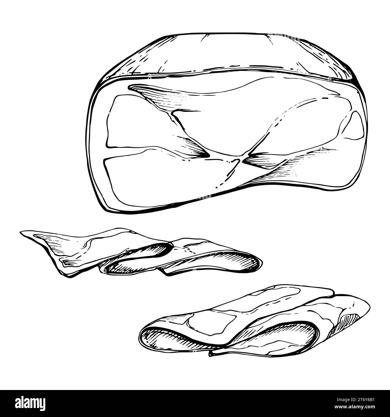 Hand drawn vector ink illustration. Ham prosciutto bacon jamon, cured ...