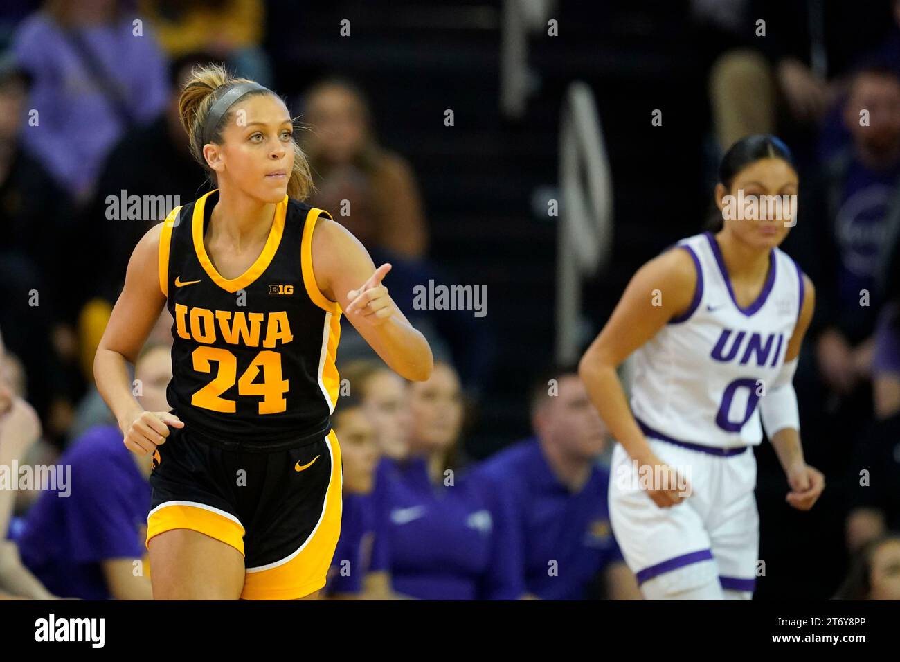 Iowa guard Gabbie Marshall (24) reacts after making a 3-point basket ...