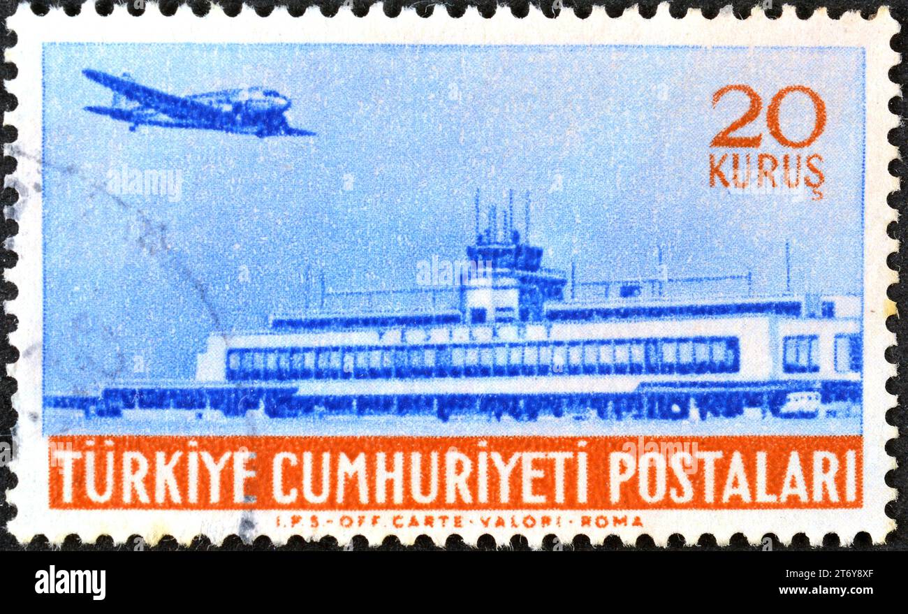 Cancelled postage stamp printed by Turkey, that shows Yesilkoy Airport ...