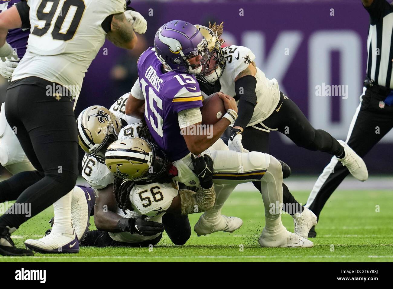 Minnesota Vikings quarterback Joshua Dobbs (15) is sacked by New ...