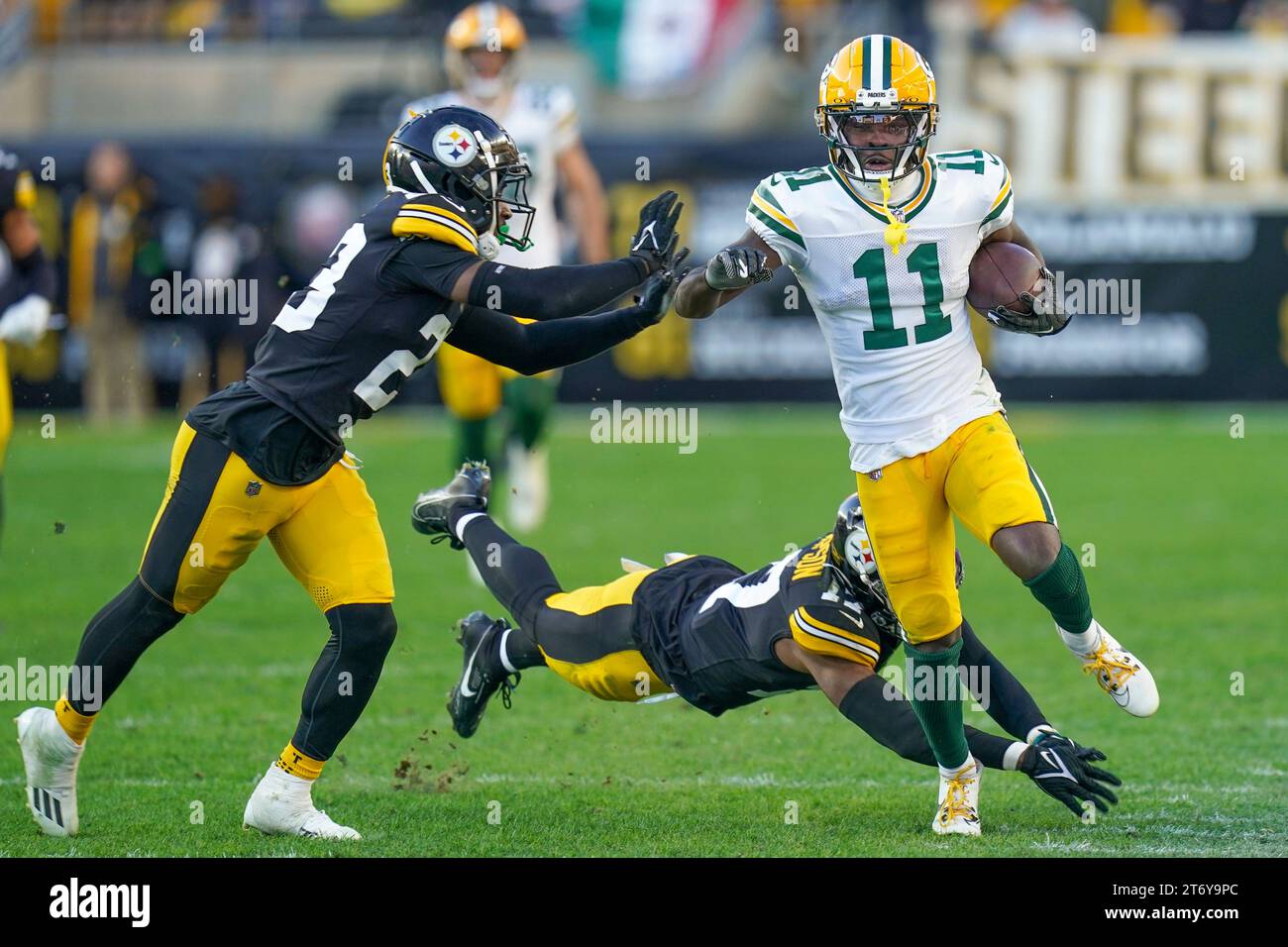 Green Bay Packers' Jayden Reed runs after a catch during the second ...