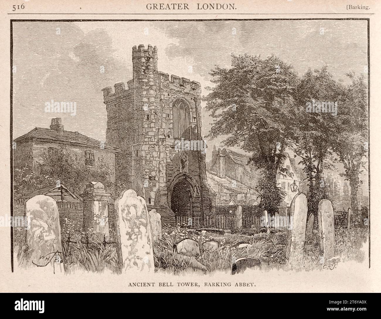 Engraving of Ancient Bell Tower in Barking Abbey from the book ...