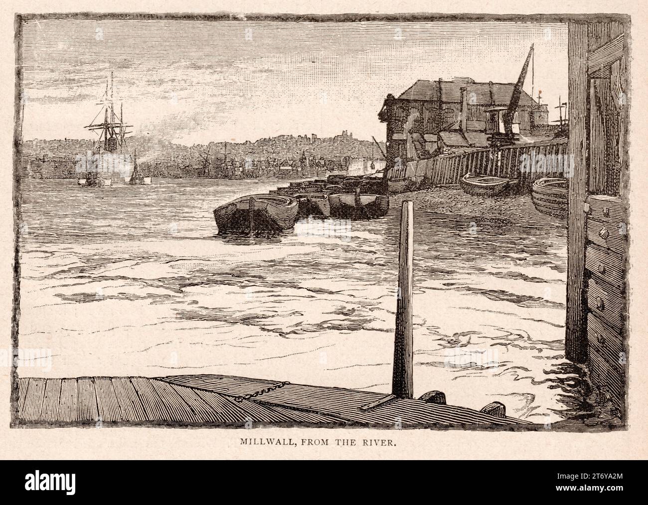 Engraving of Millwall, view from the Thames from the book: “Greater ...