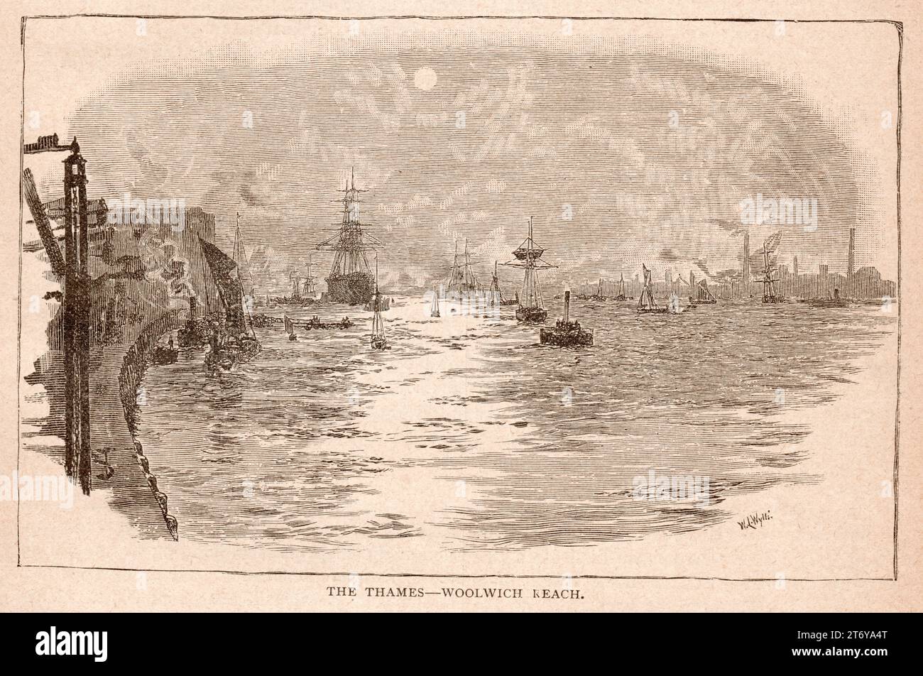Engraving of The Thames - Woolwich Reach from the book: “Greater London ...