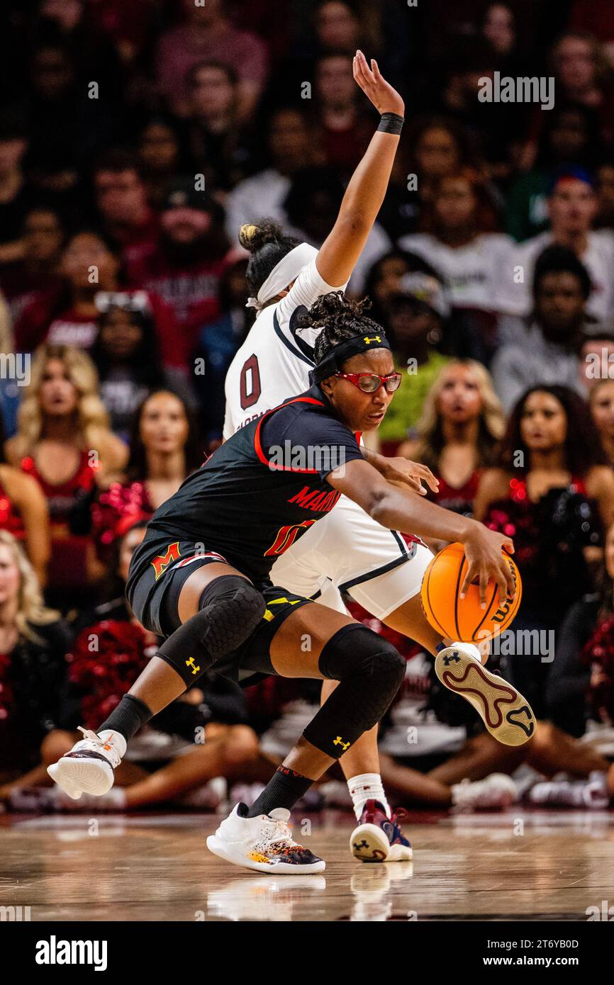November 12, 2023: Maryland Terrapins guard Shyanne Sellers (0) trips ...