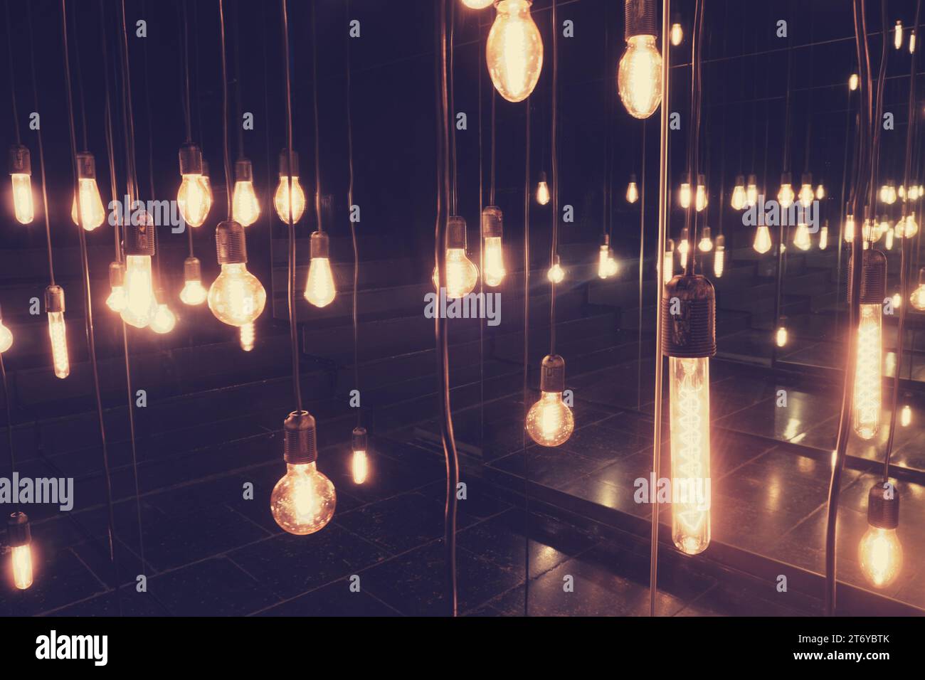 Vintage light bulbs hanging on the ceiling, retro color tone Stock ...