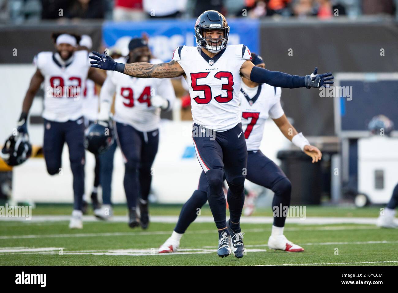 Houston Texans linebacker Blake Cashman (53) celebrates a win over the ...
