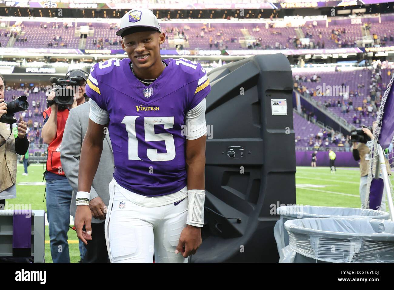 Minnesota Vikings quarterback Joshua Dobbs walks off the field after an ...