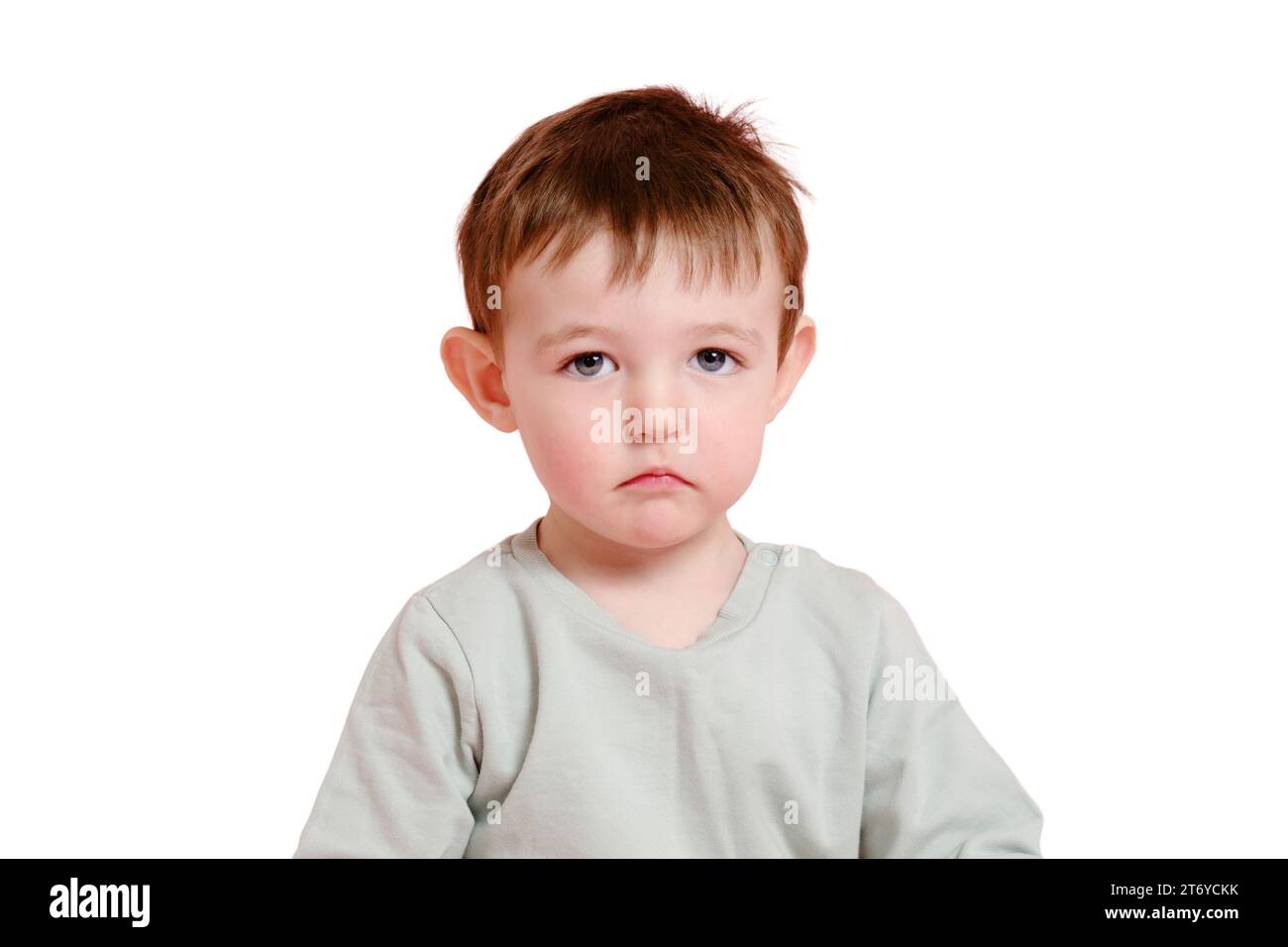 Sad toddler baby on studio, copy space, isolated on white background ...