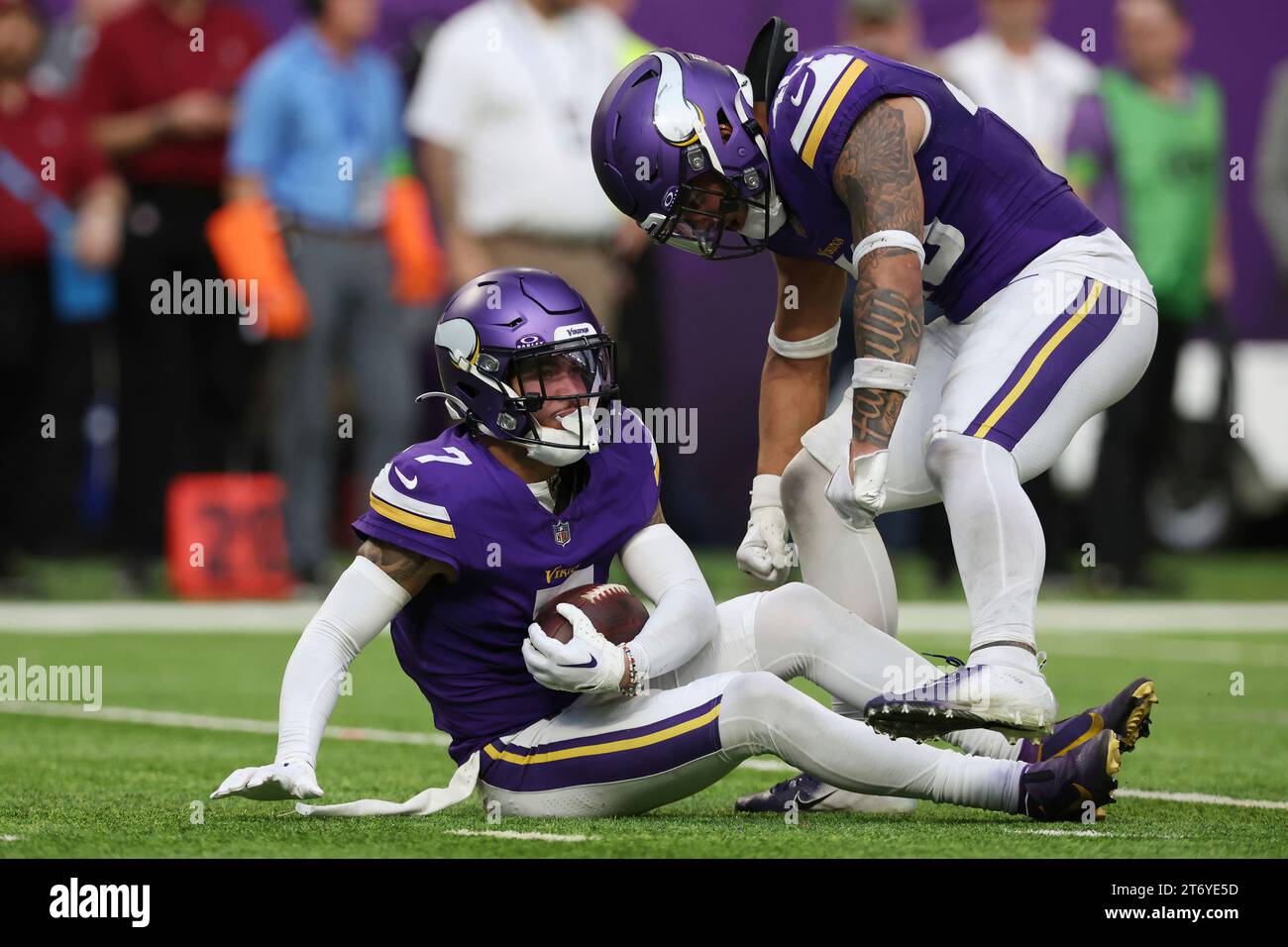 Minnesota Vikings cornerback Byron Murphy Jr. (7) holds onto the ball in celebration with ...