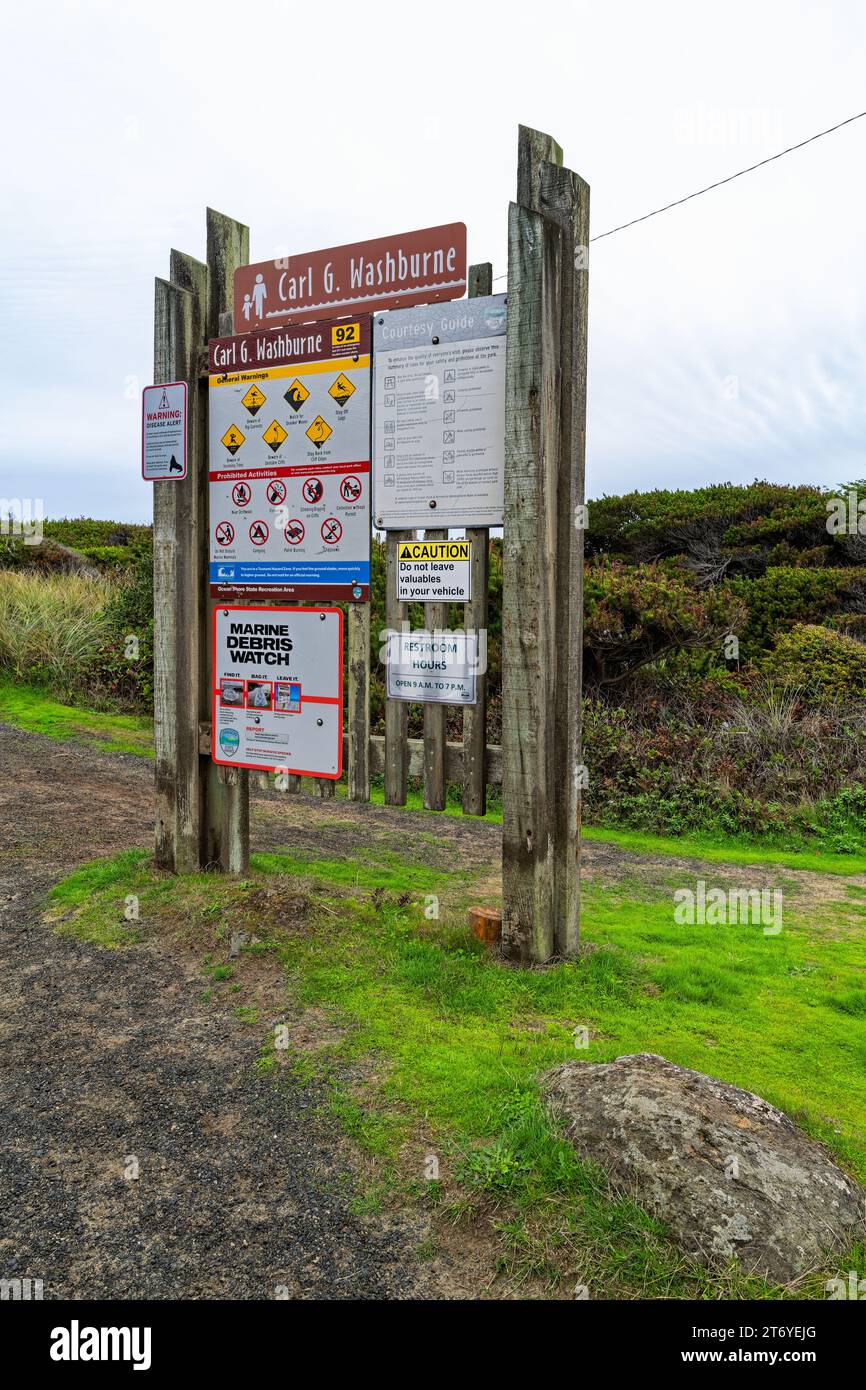 Signage at the Carl G Washburne State Park near Florence, Oregon, USA ...