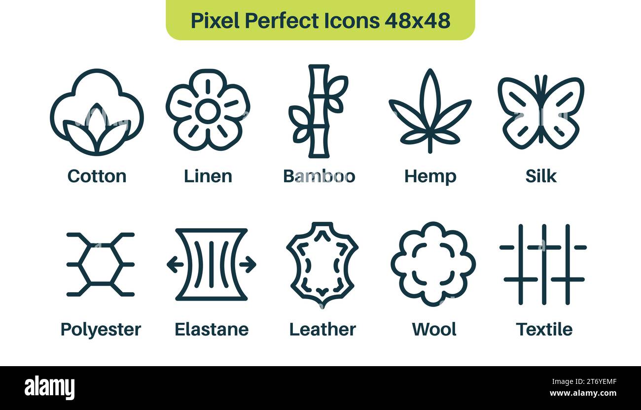 Set of fabric types or product material. Cotton, Polyester, Wool ...