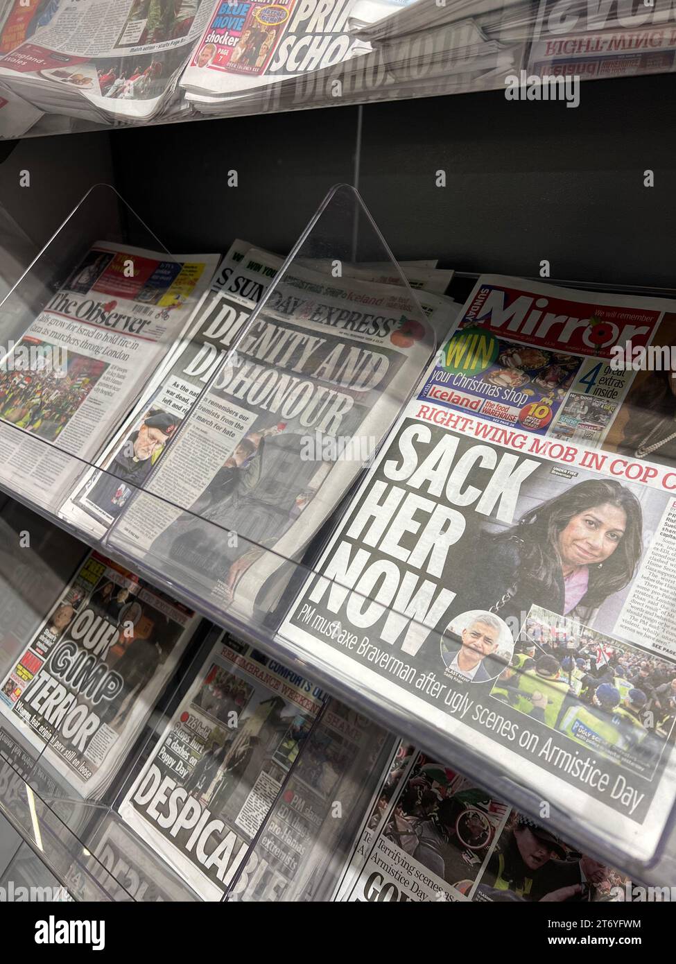 A general shot of popular UK newspapers including “The Observer”, “The ...