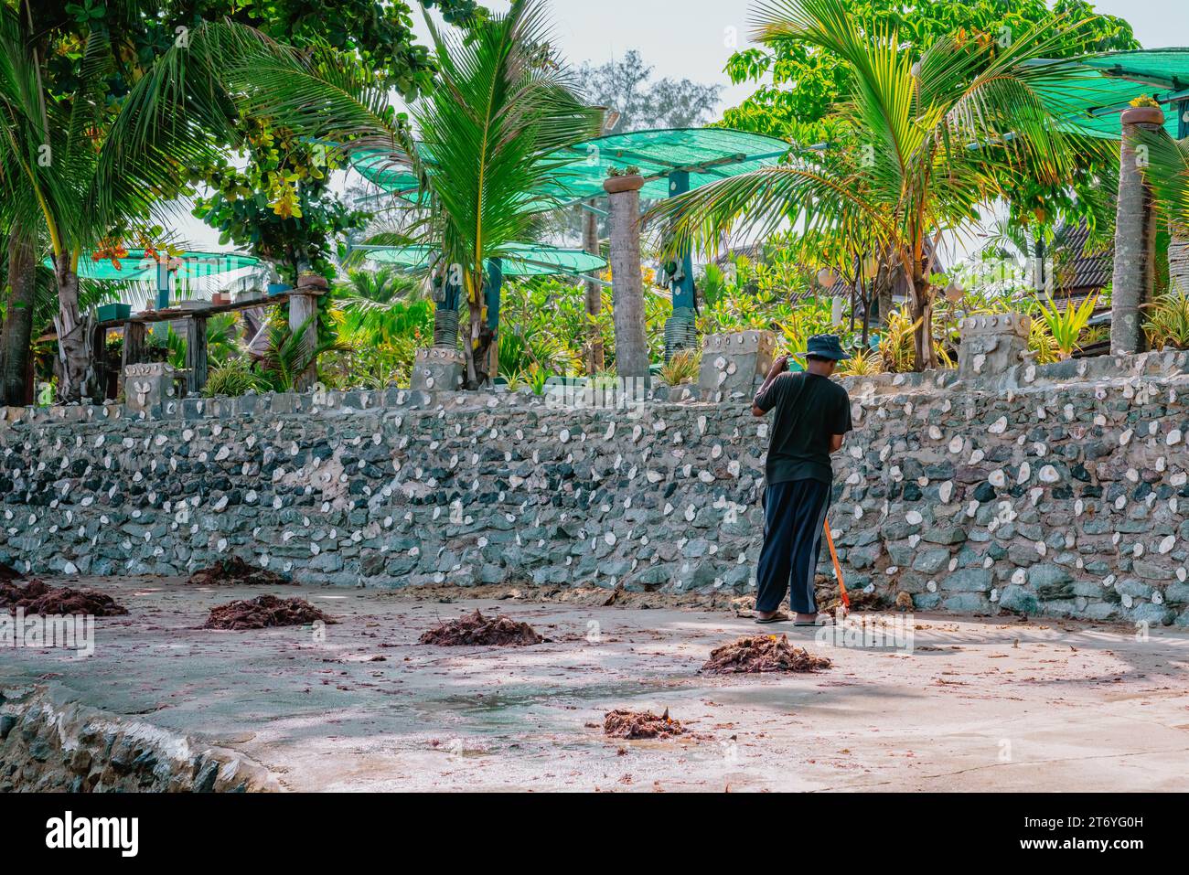 Worker sweeping fallen leaves and seaweed garbage on sidewalk in front ...