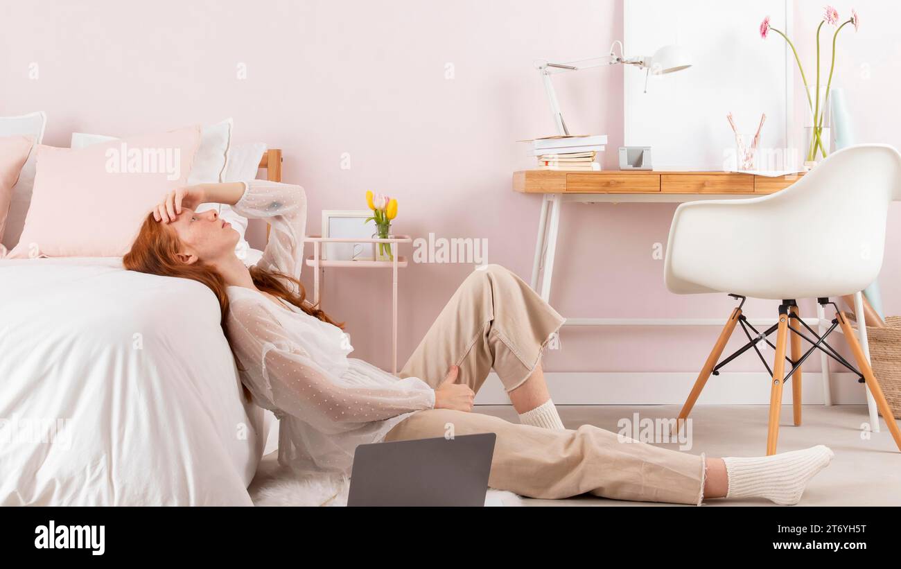 Tired woman home from working Stock Photo - Alamy