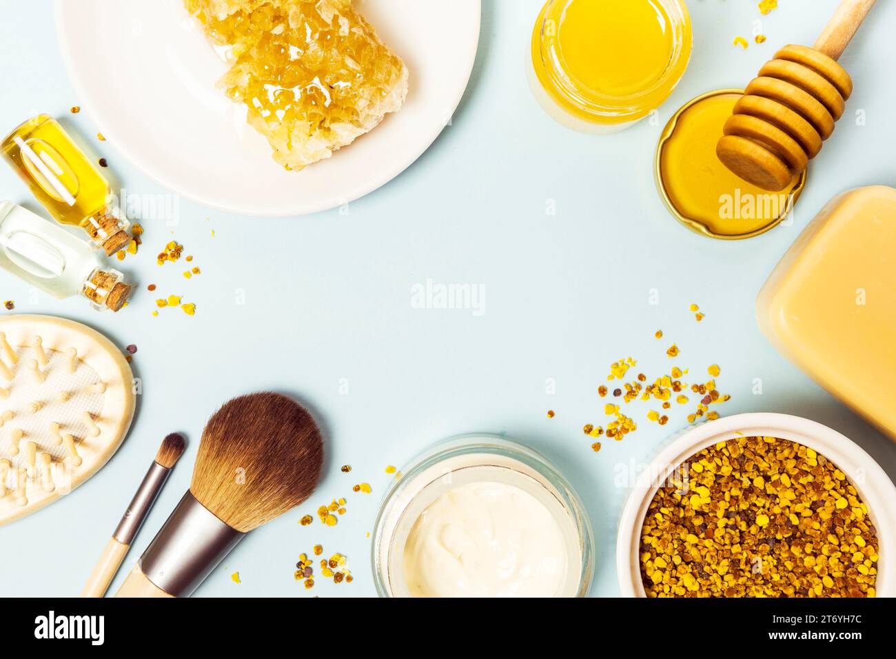 Spa ingredient equipment arrange circular frame blue background Stock ...