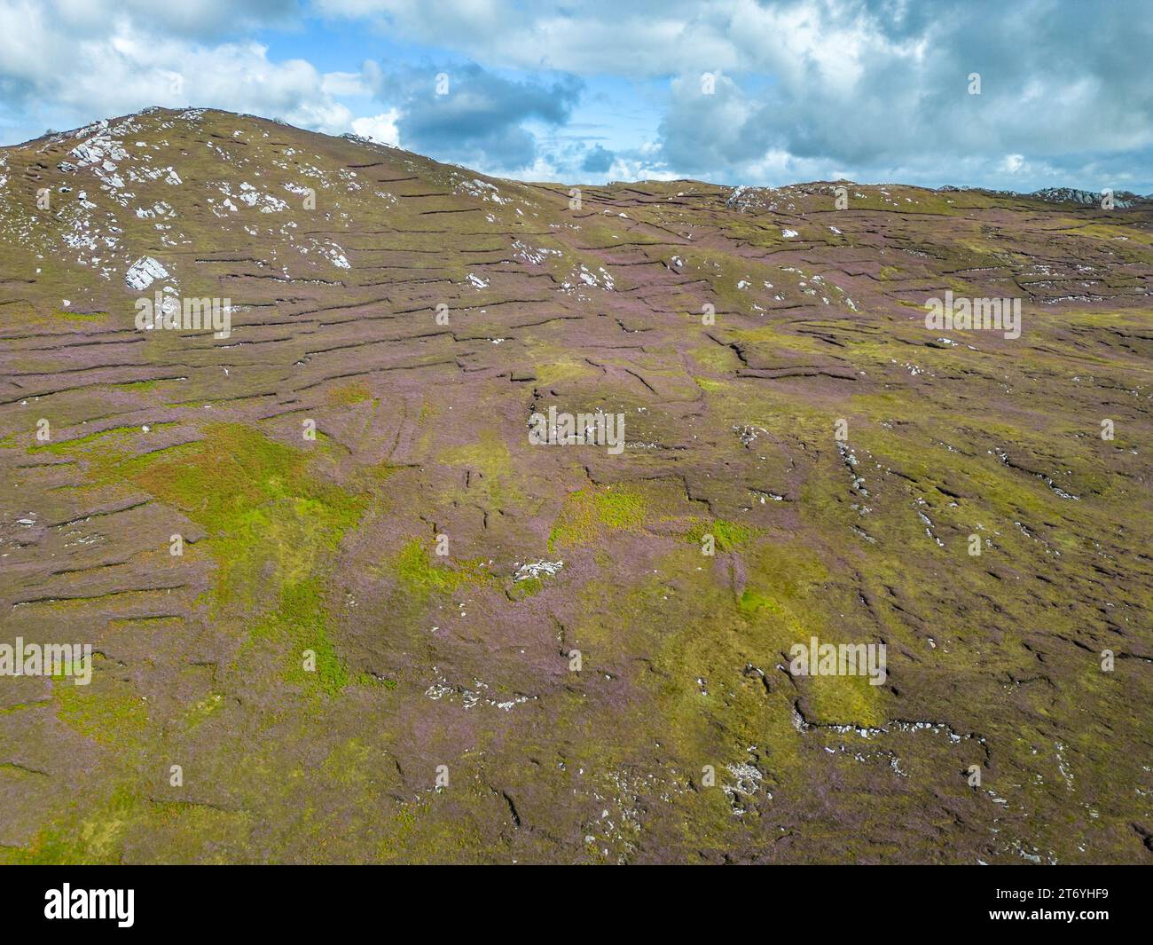 Aerial view of Granuaile Loop Walk Trail cover by peat holes in the bog ...