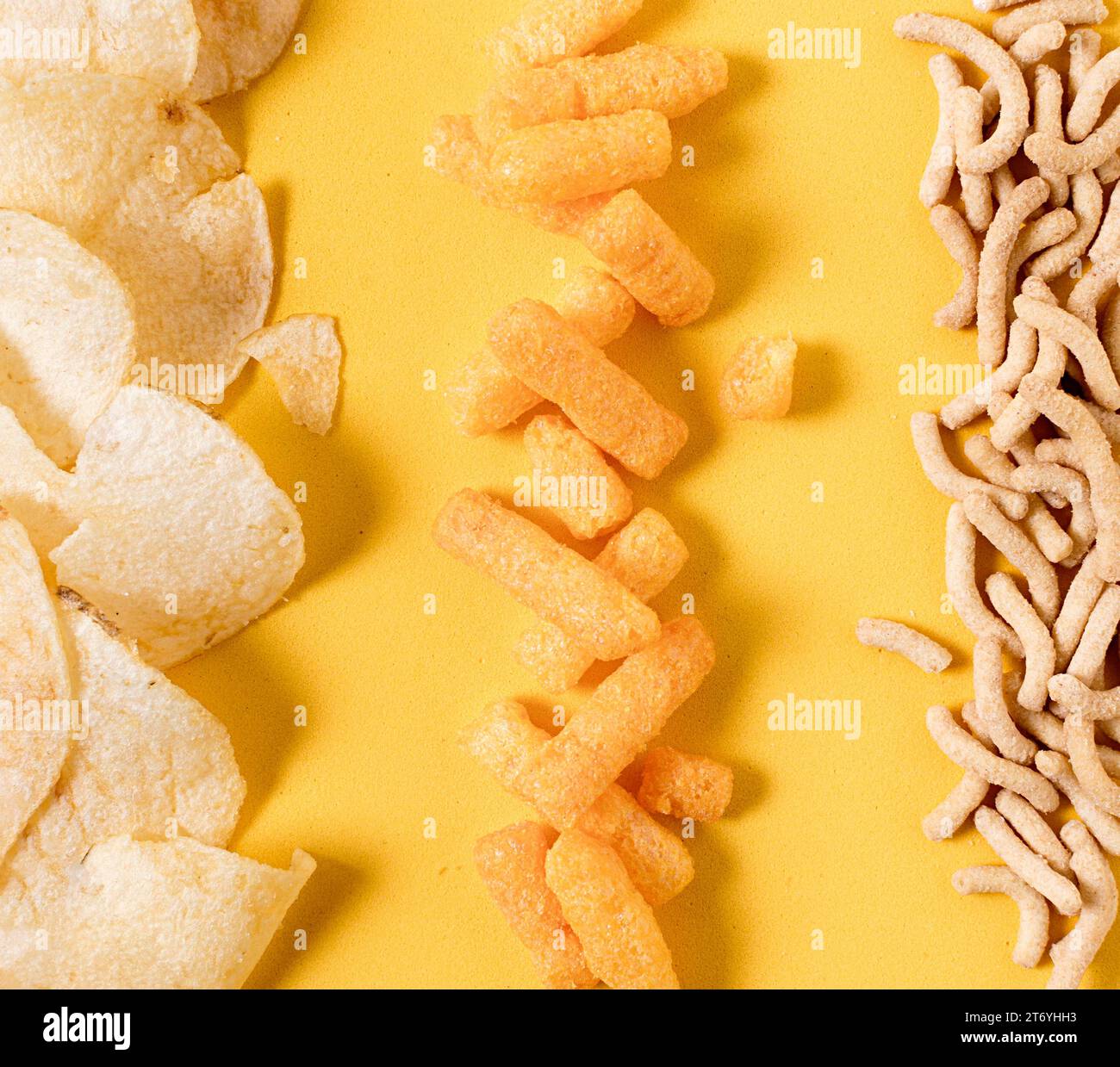 Top view potato chips cheesy puffs Stock Photo - Alamy