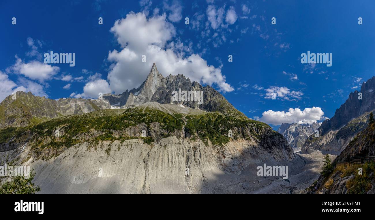 Chamonix valley mountain panorama landscape with beautiful stunning summits of Les Drus and ...