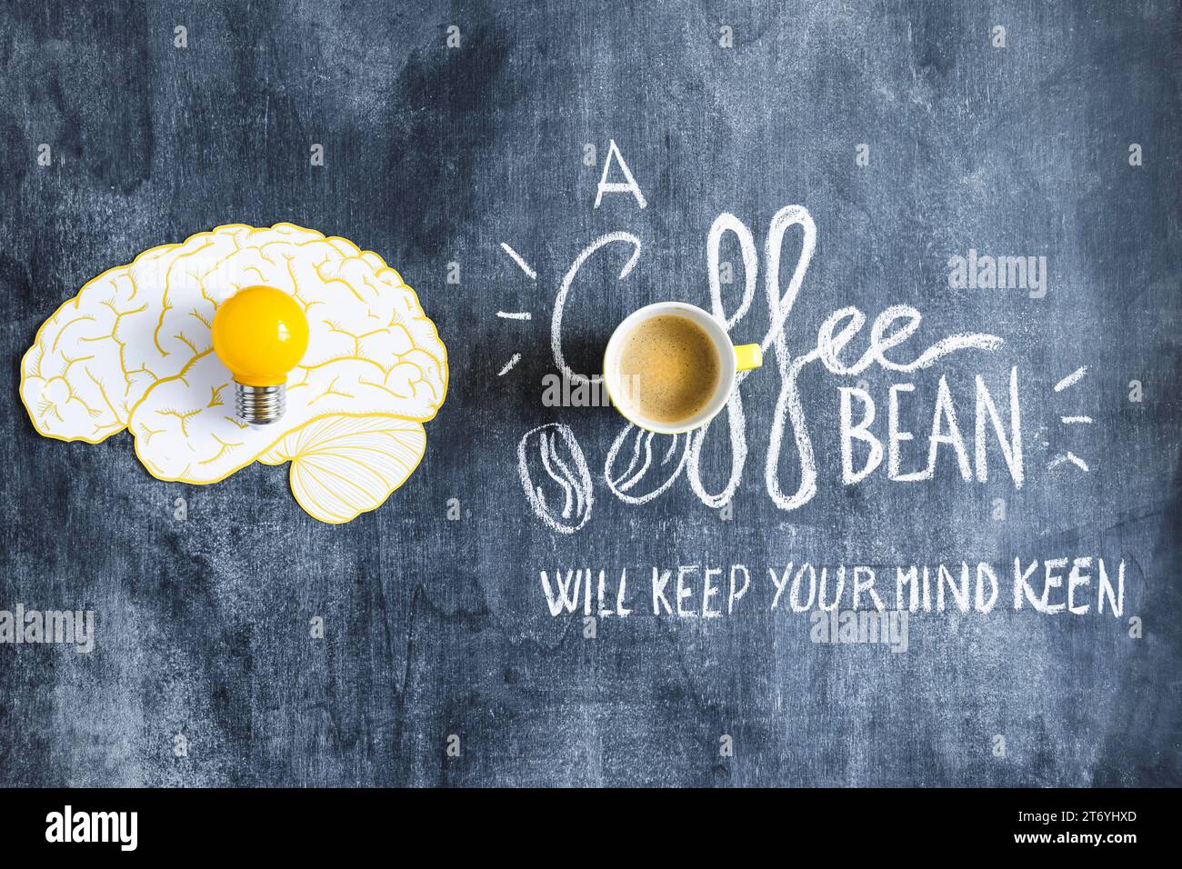 Yellow light bulb brain paper cutout coffee cup with text chalkboard ...