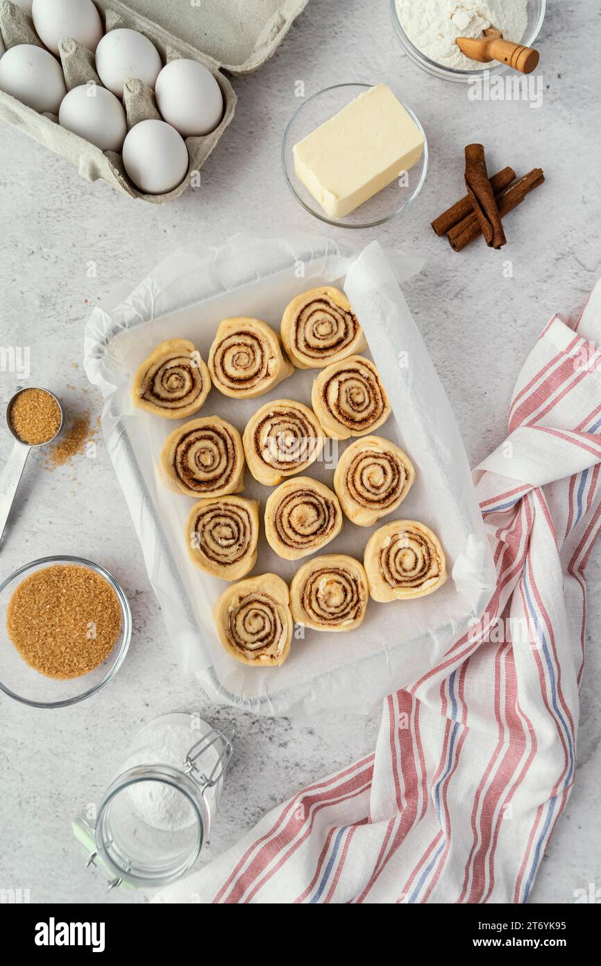 Flat lay cinnamon rolls ingredients Stock Photo - Alamy