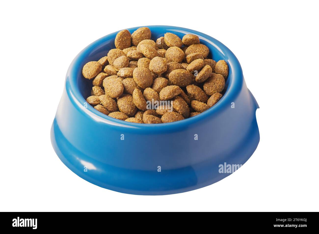 Brown croquettes of dry balanced animal feed in a blue bowl isolate on ...
