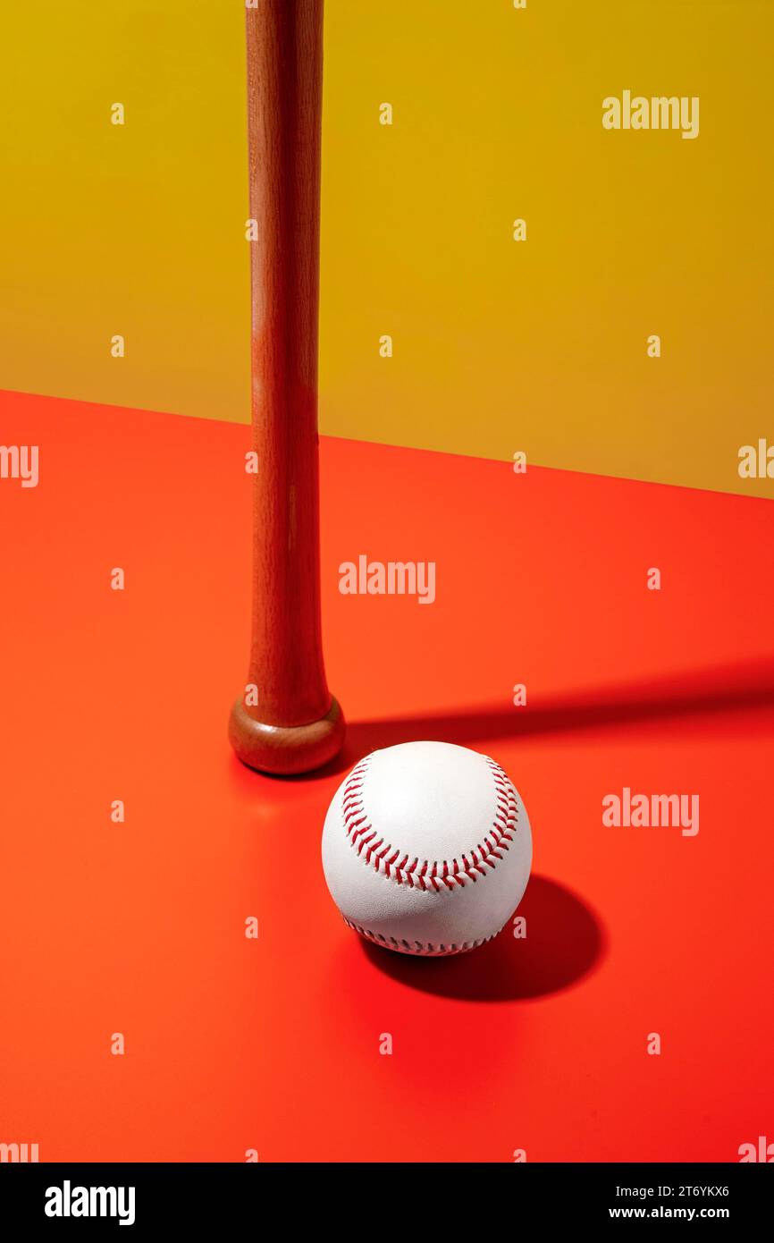 High angle baseball with wooden bat Stock Photo - Alamy