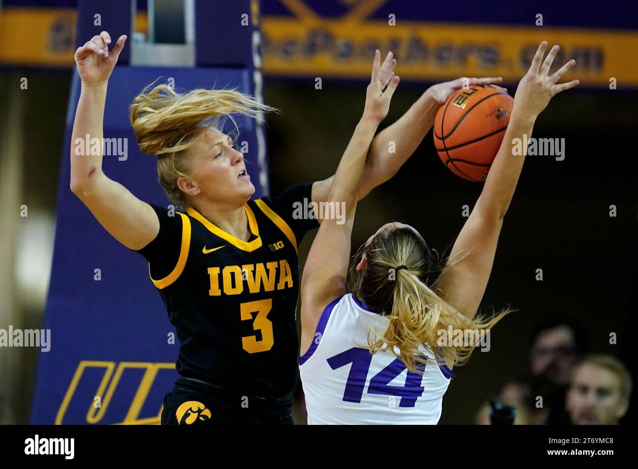 Iowa guard Sydney Affolter (3) fouls Northern Iowa guard Riley Wright ...