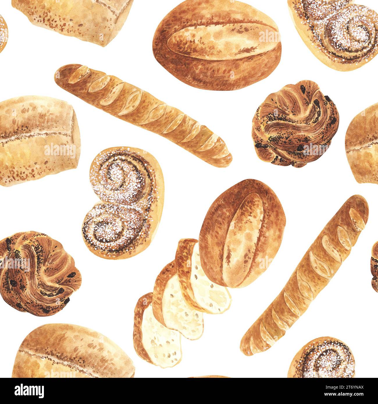 Watercolor Bread and buns, baguette loaf, seamless pattern on white ...