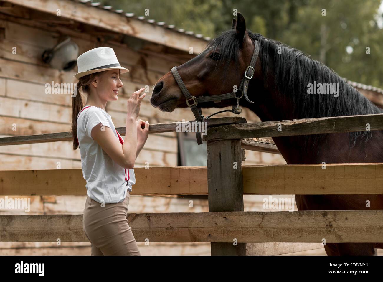 Woman with horse stable Stock Photo - Alamy