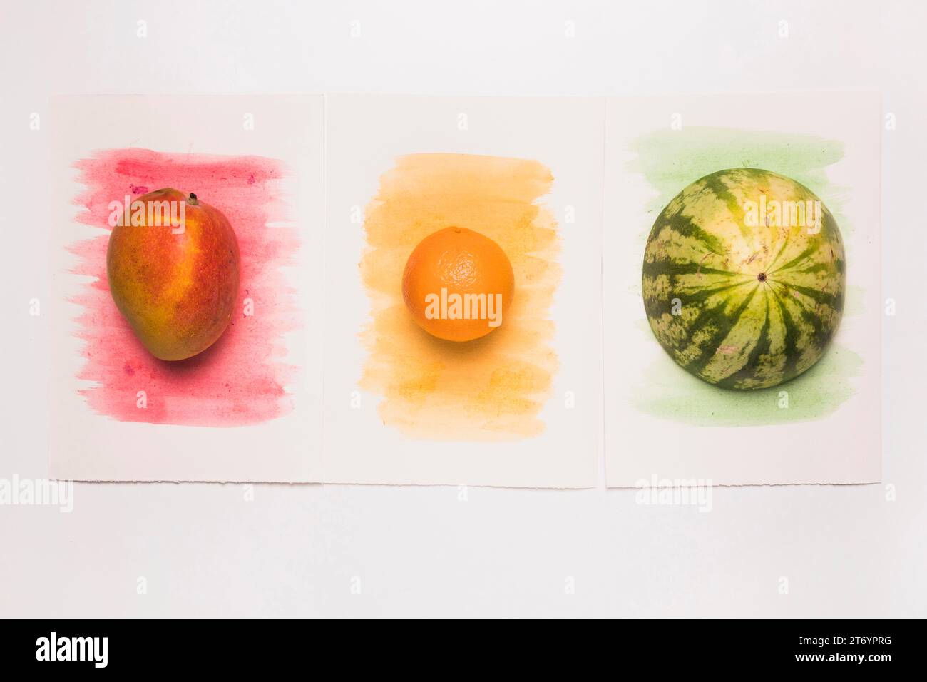 Composition yummy whole mixed fruits multicolored watercolor surface ...