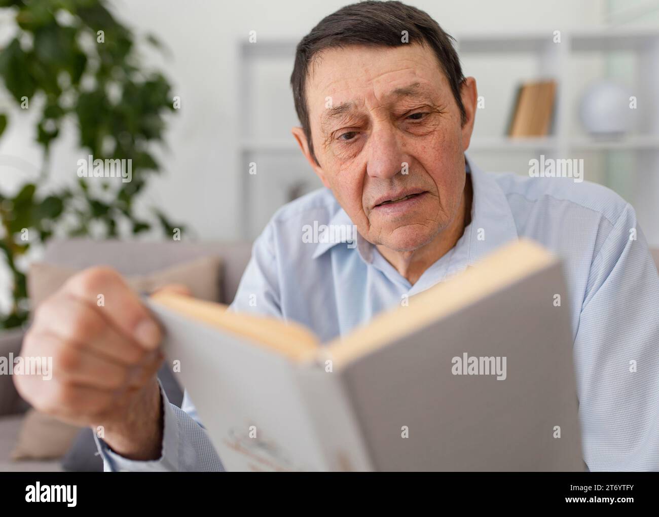 Medium shot old man reading book Stock Photo - Alamy
