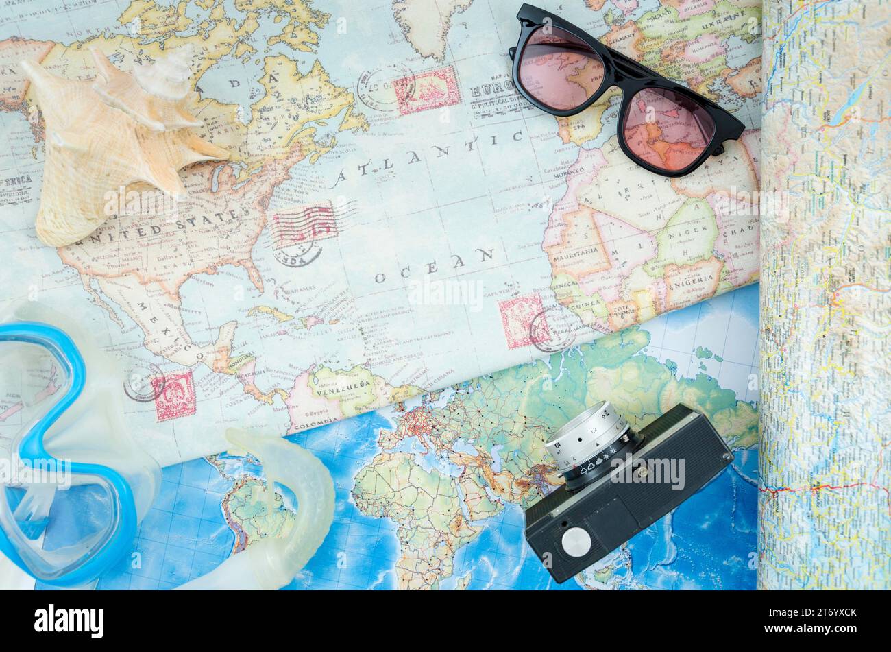 Top view world map accessories Stock Photo - Alamy