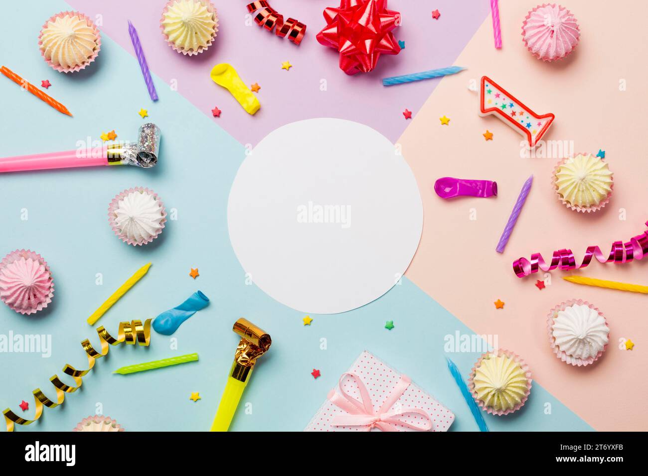 White blank circle frame surrounded with aalaw sprinkles streamers ...