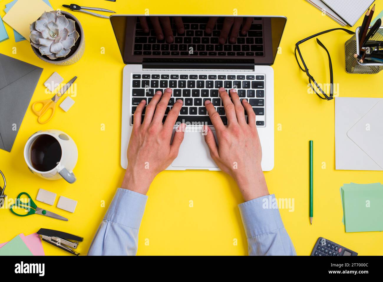 Close up person typing laptop creative minimal office desk Stock Photo ...