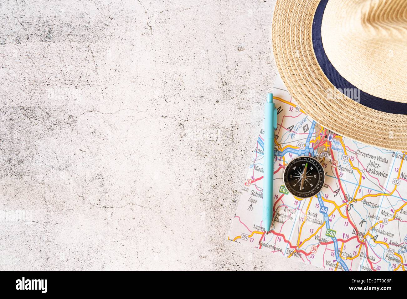 Copy space straw hat map elements Stock Photo - Alamy
