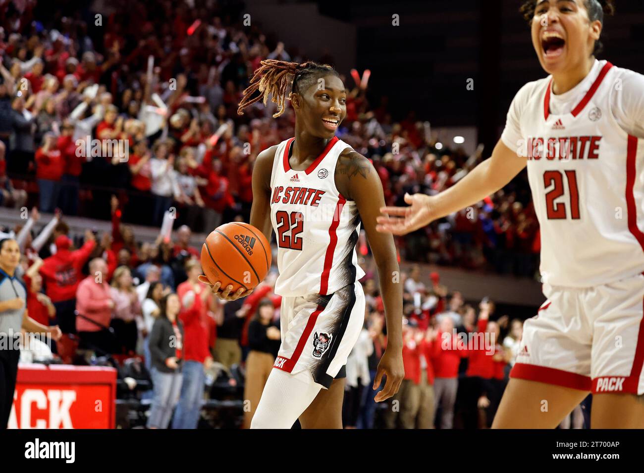 North Carolina State's Saniya Rivers (22) celebrates with teammate ...